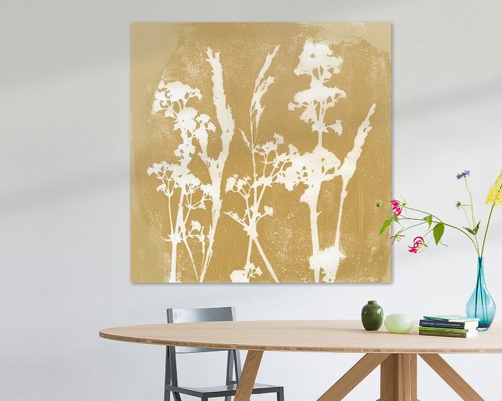 Natuur dromen. Botanische illustratie in retrostijl in okergeel (gezien bij vtwonen) van Dina ...